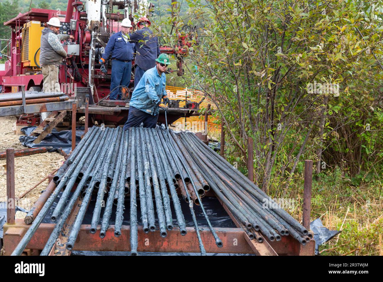 Bradford, Pennsylvania, Workers for the nonprofit Well Done Foundation plug an abandoned oil ...