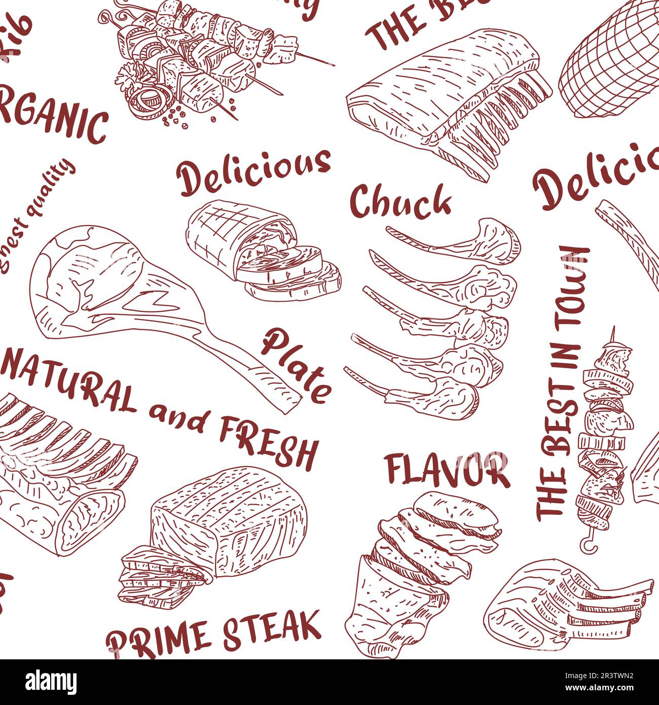 Meat seamless pattern. Hand-drawn vector illustration. Carved style. Food menu background ...