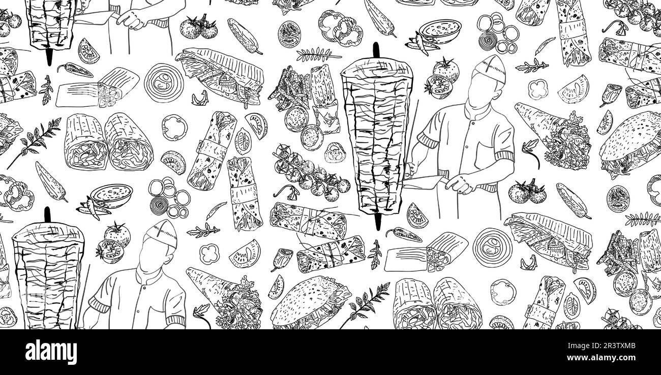 Shawarma Kebab pattern fast food. Seamless pattern. Concept of doner ...