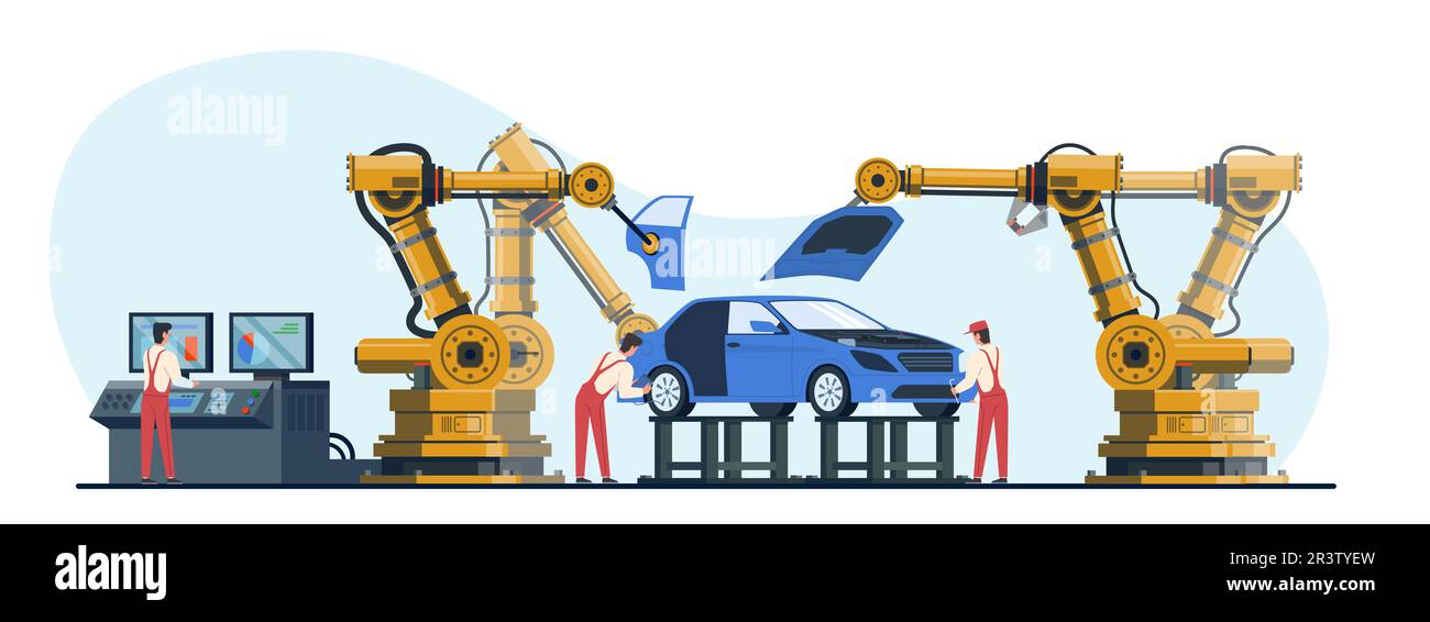 Engineering workers in uniform work in car factory on an automated ...