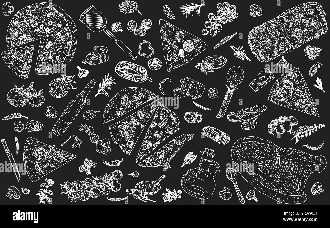 Traditional Italian pizza pattern, vegetables, ingredients on dark ...