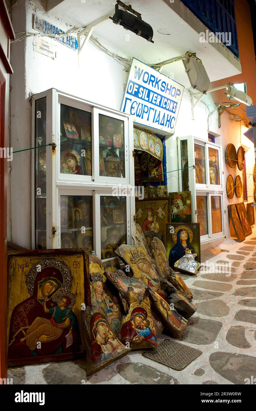 Icons in Mykonos Town, Mykonos, Cyclades, Greece Stock Photo - Alamy