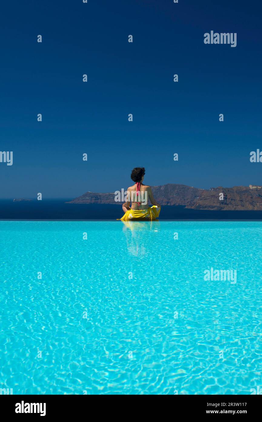 Pool of Hotel Perivolas, Oia, Santorini, Cyclades, Greece Stock Photo ...