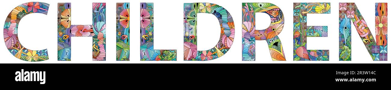 Hand-painted art design. Hand drawn illustration word Children for t ...