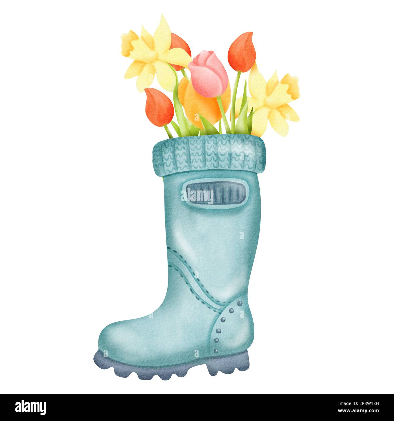 Composition for a postcard: Watercolor floral bouquet in a garden boot vase. Digital cartoon ...