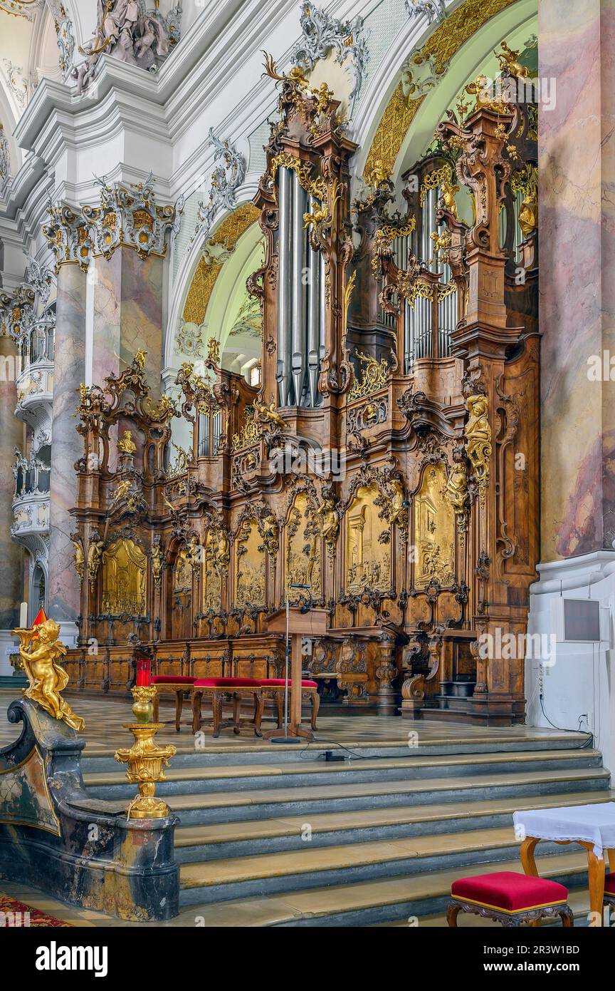 Side organ with richly carved choir stalls, Ottobeuren Monastery ...