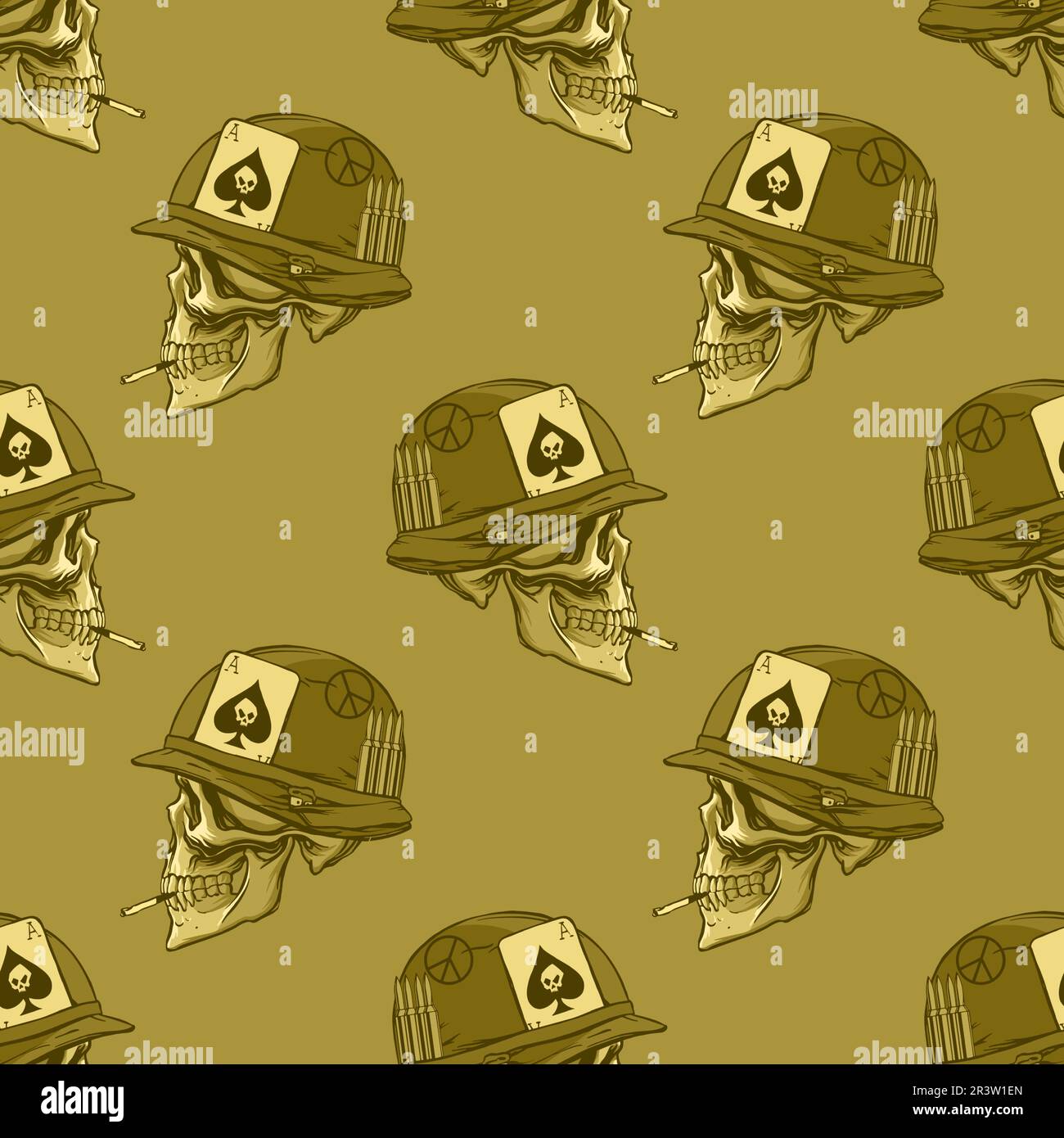 Military monochrome pattern with helmeted skull in hand drow style for print and design. Vector ...