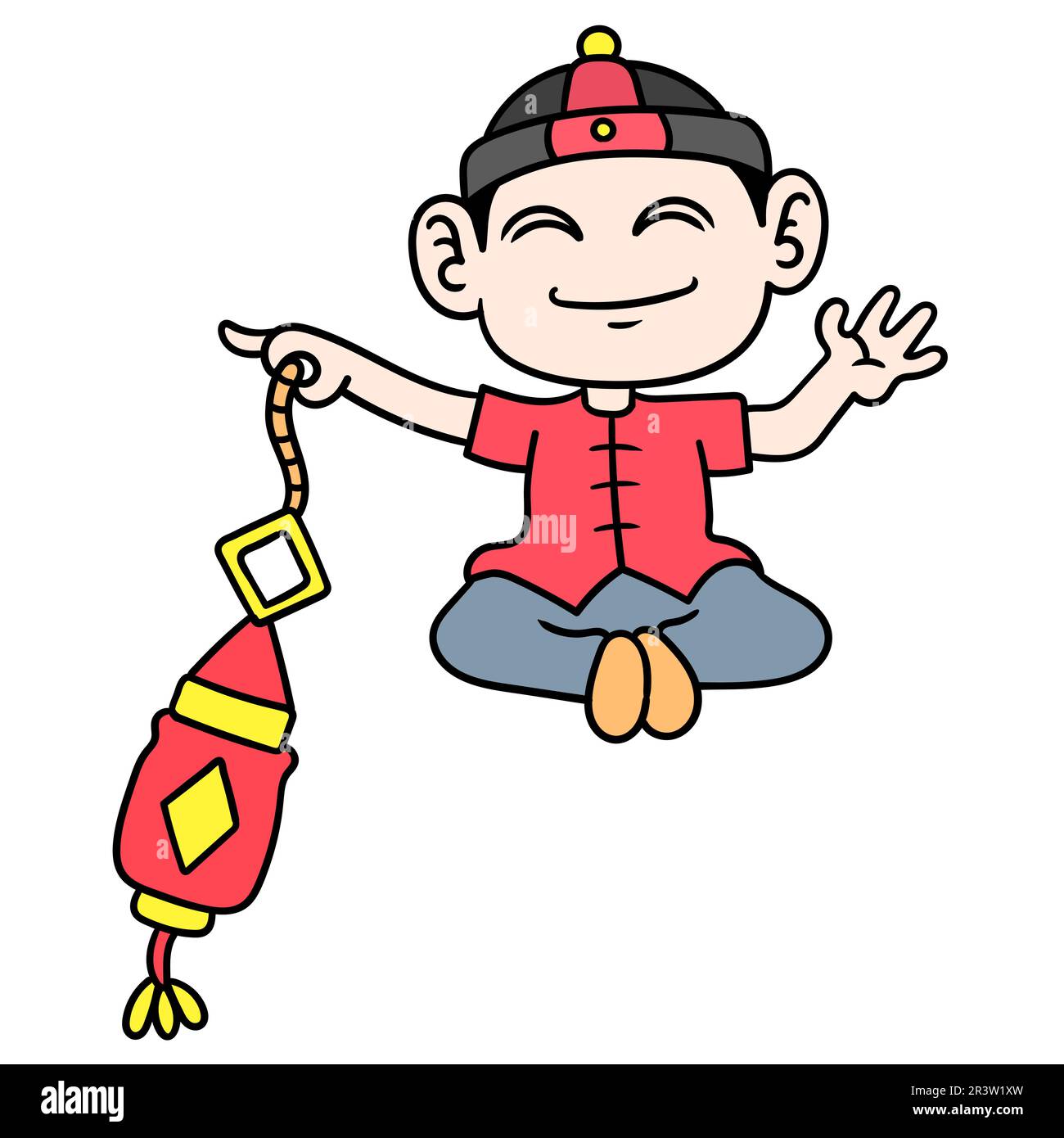 Man carrying lanterns for chinese new year celebration, doodle icon ...