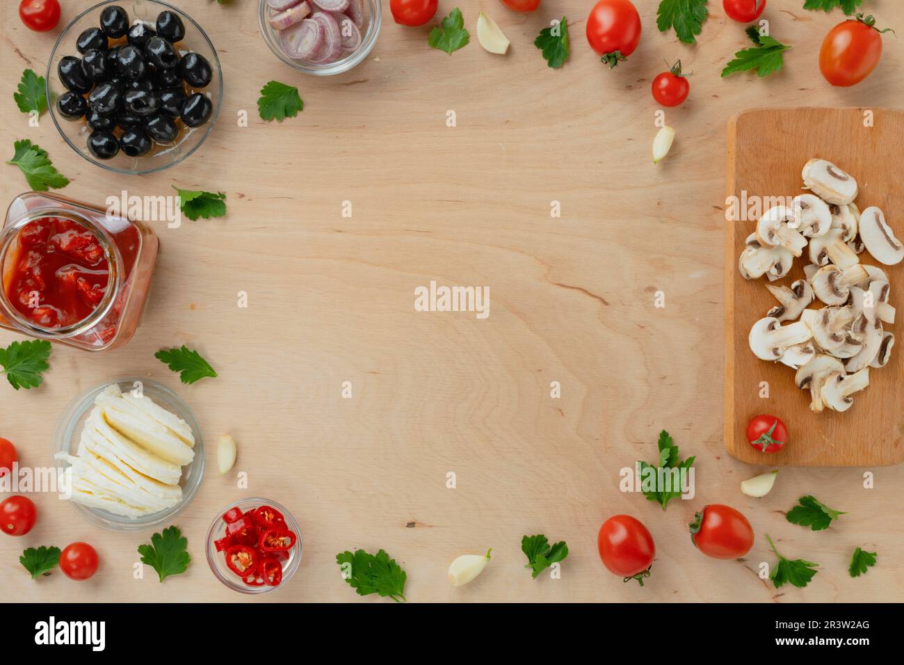 Ingredients for making pizza, food background with copy space, top view ...
