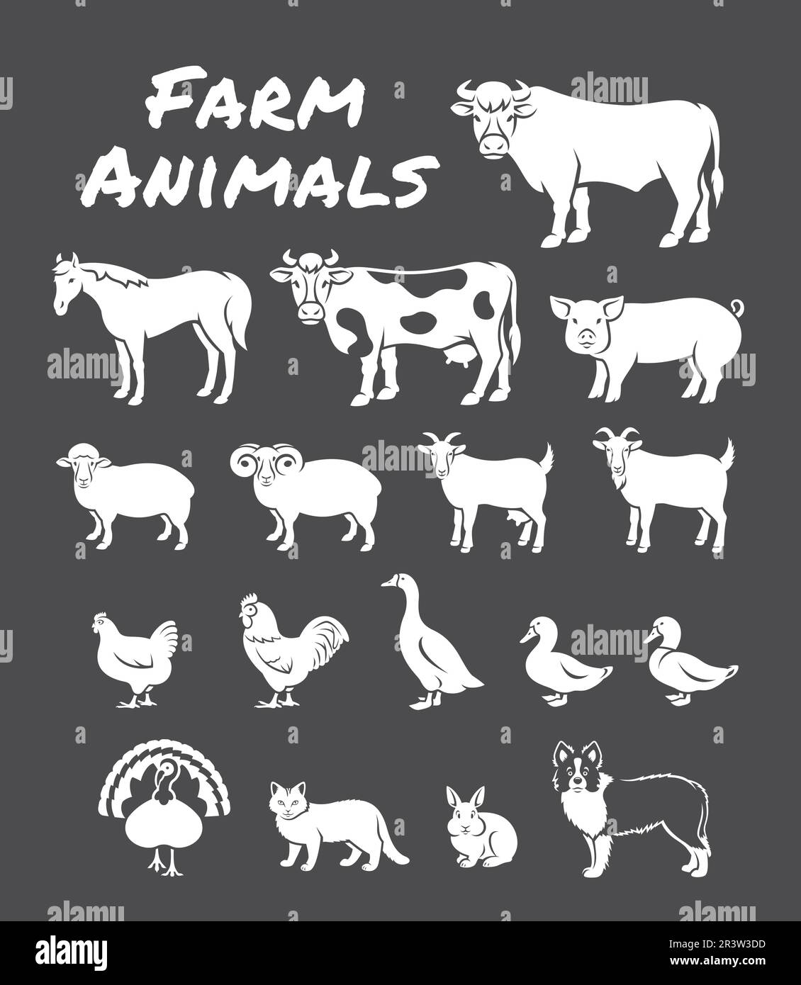 Domestic farm animals solid silhouette illustrations. White pictograms ...