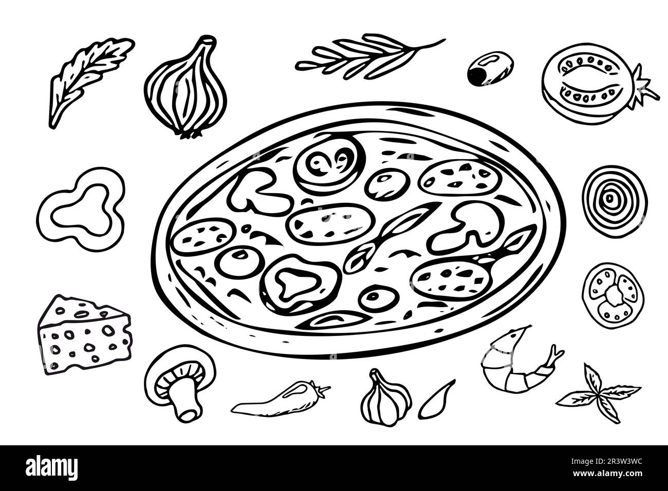 Pizza Set Round Pizza With Ingredients Doodle Hand Drawn In Cartoon Style Comic Isolated On
