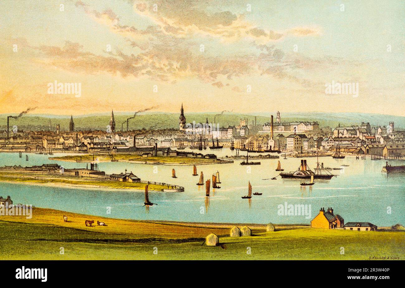 Cityscape Aberdeen, river Dee, North Sea, big town, church towers ...