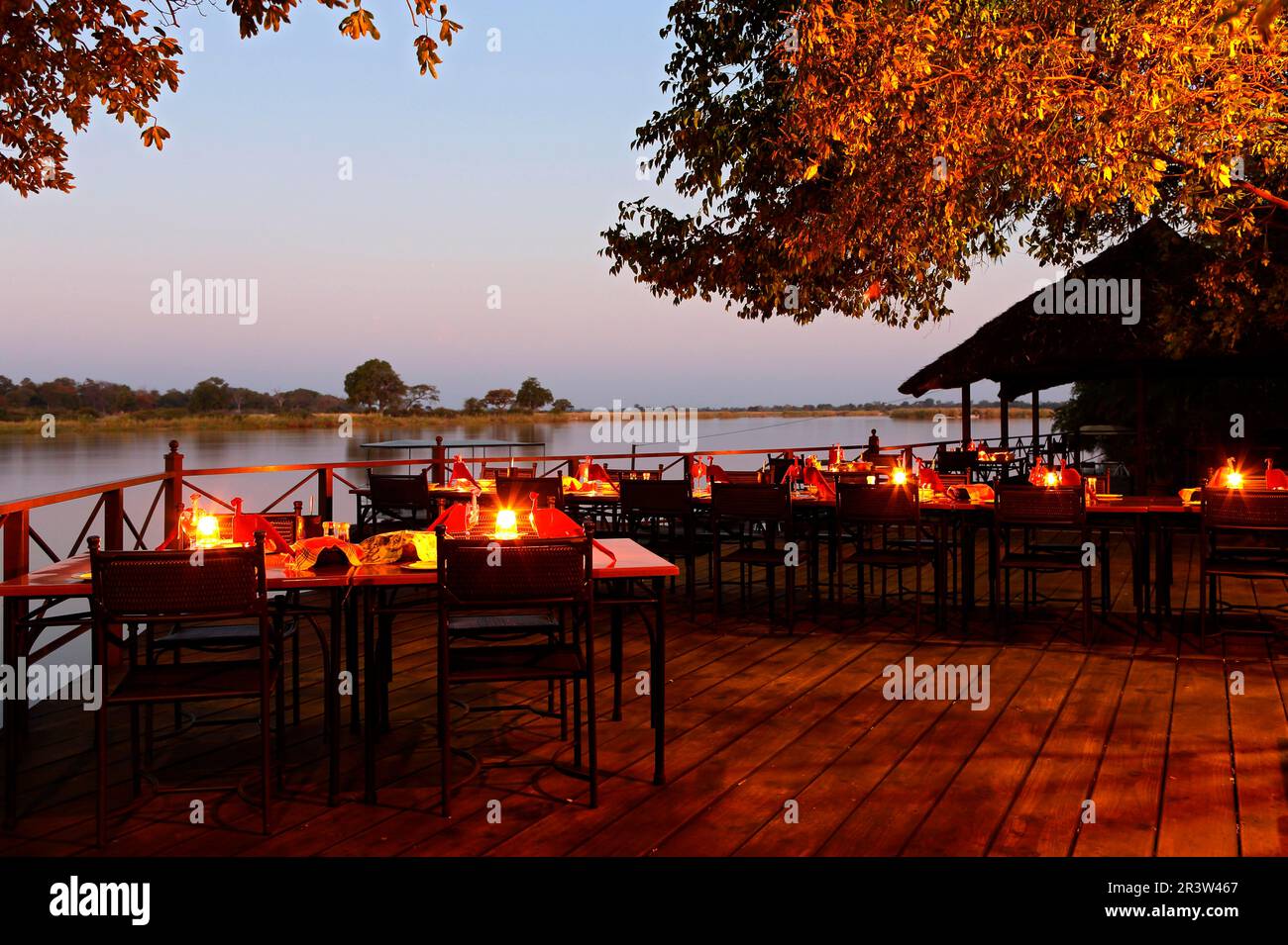 Covered tables, Kwando River, Okavango, Mahangu Safari Lodge, Namibia ...