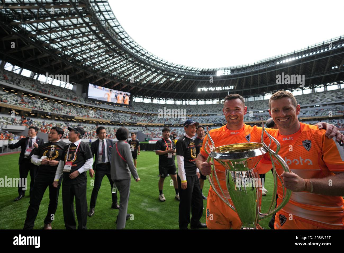Kubota Spears' Ryan Crotty and Bernard Foley pose with the trophy after ...