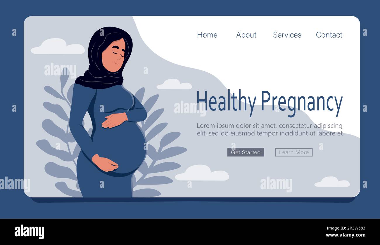 Beautiful pregnant Muslim woman hugs her belly. Healthy pregnancy ...