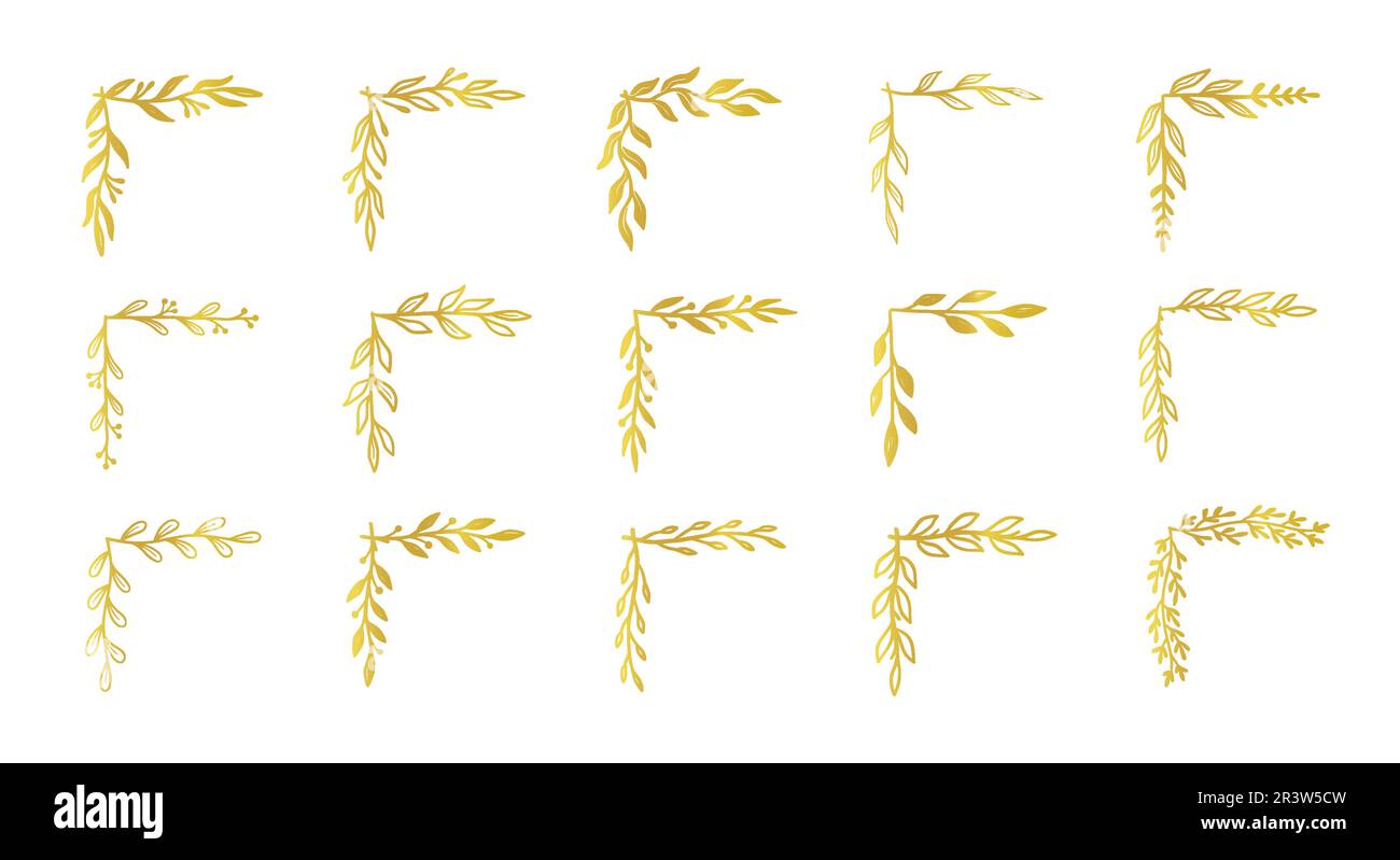 Gold corner border floral, flower frame set. Hand drawn rustic sketch doodle golden corner ...