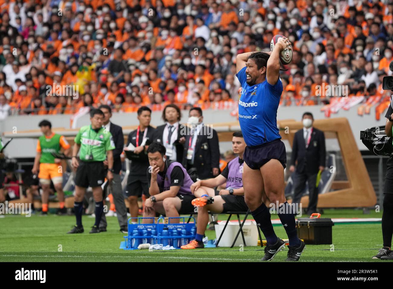 Panasonic Wild Knights' Shota Horie throws the ball for a line-out ...