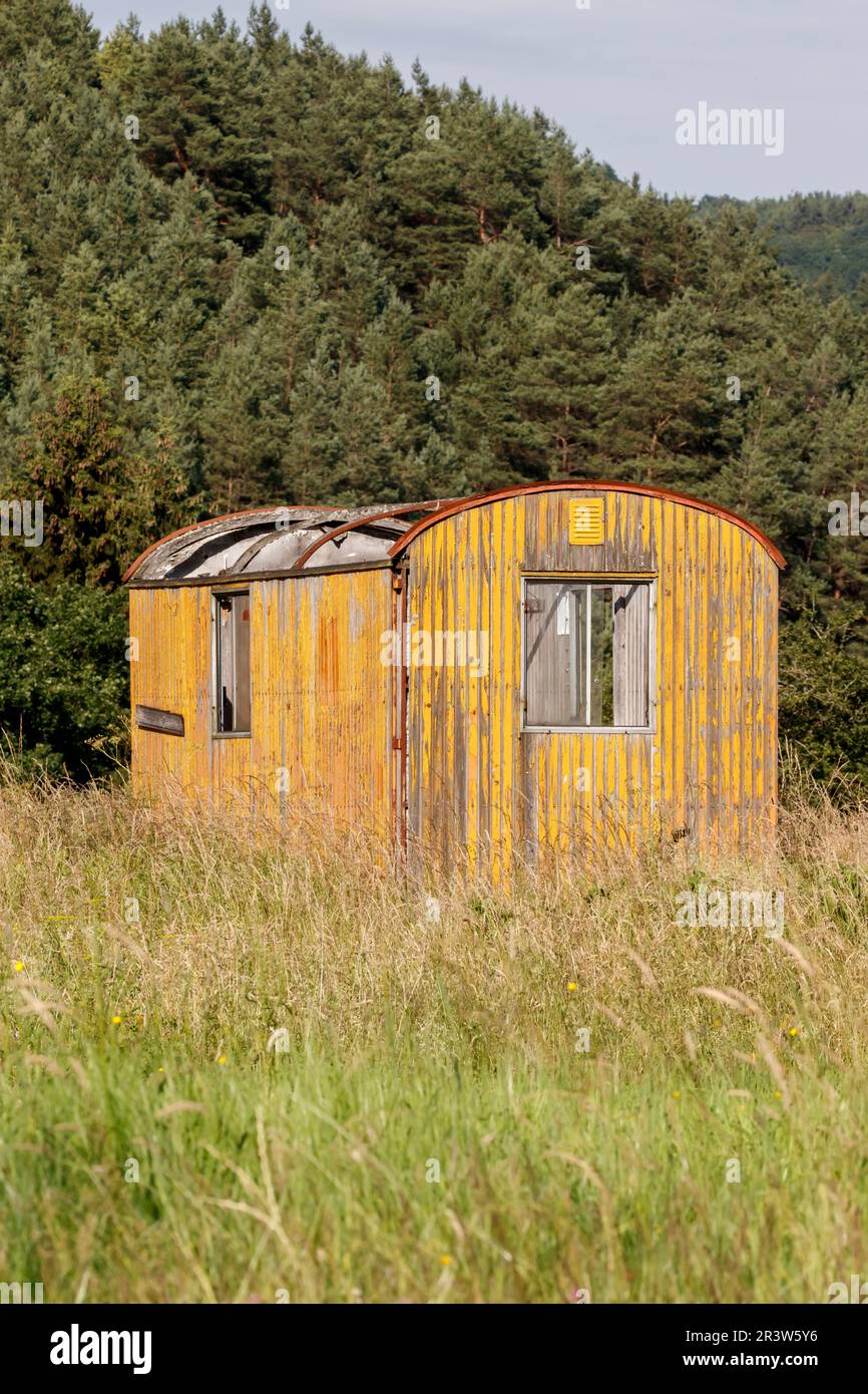 Wooden construction wagon on a meadow in the Eifel region Stock Photo ...