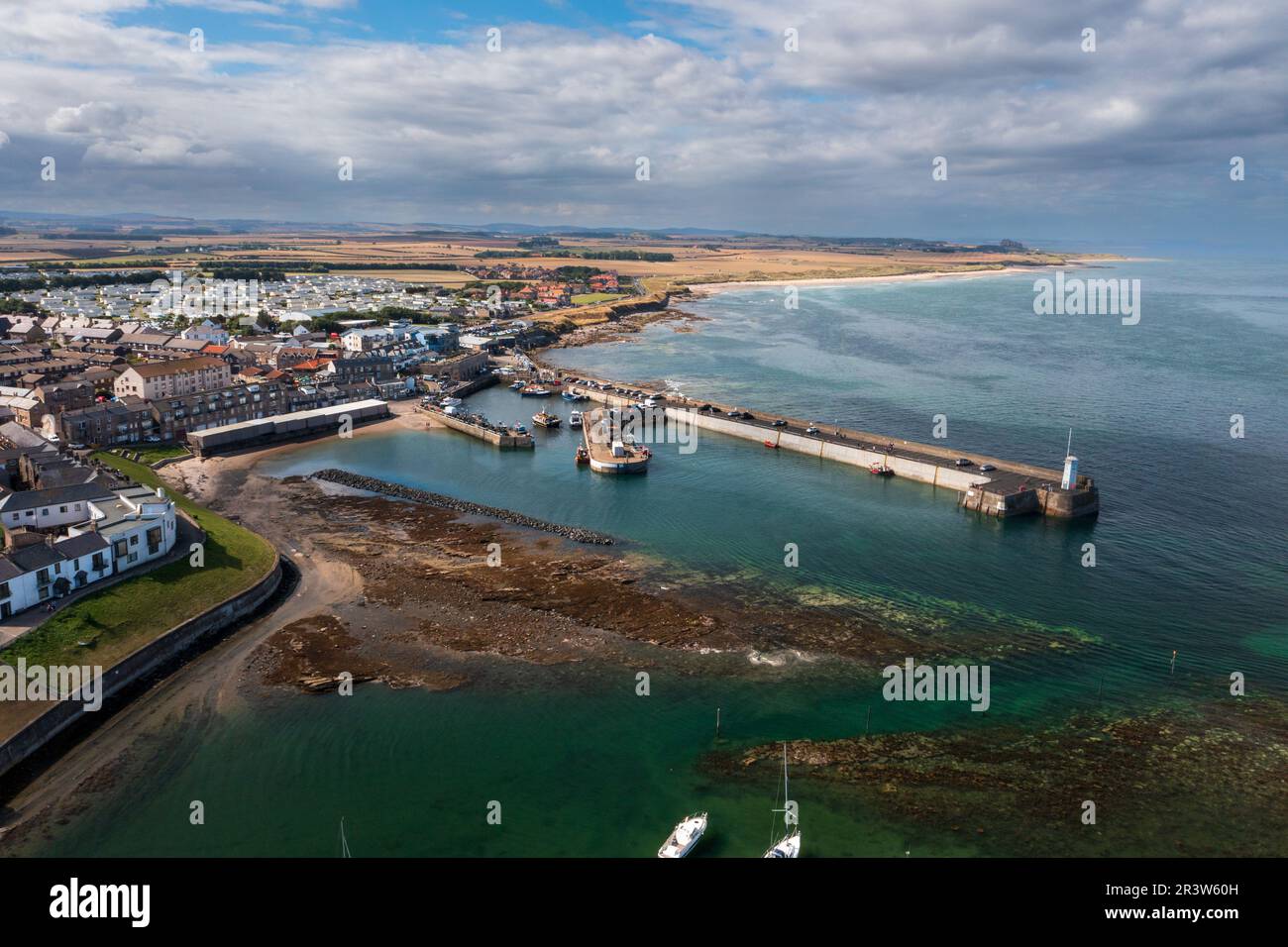 Aerial view of Seahouses looking north on the north east coast of ...