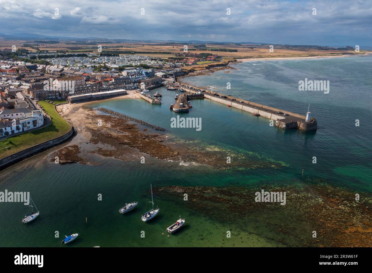 Aerial view of Seahouses looking north on the north east coast of ...