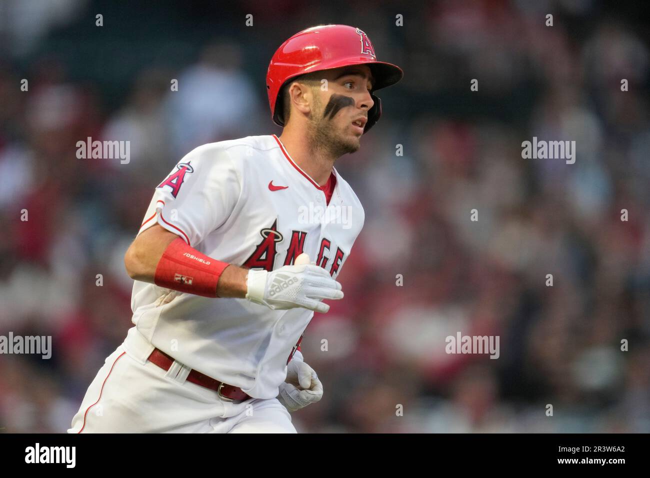 Los Angeles Angels' Zach Neto (9) hits a home run during the second ...
