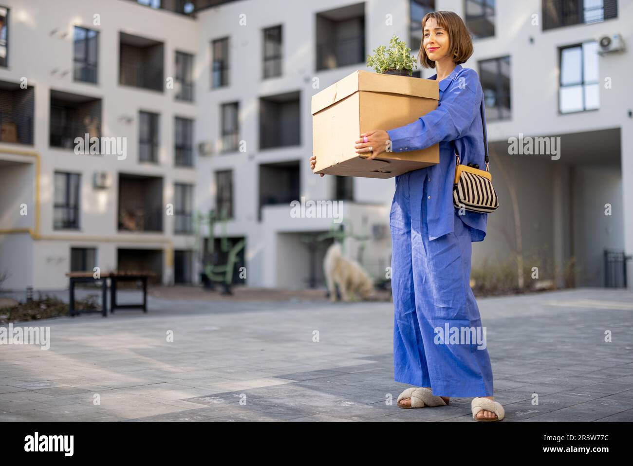 Woman carrying cardboard box at inner yard of apartment building Stock ...