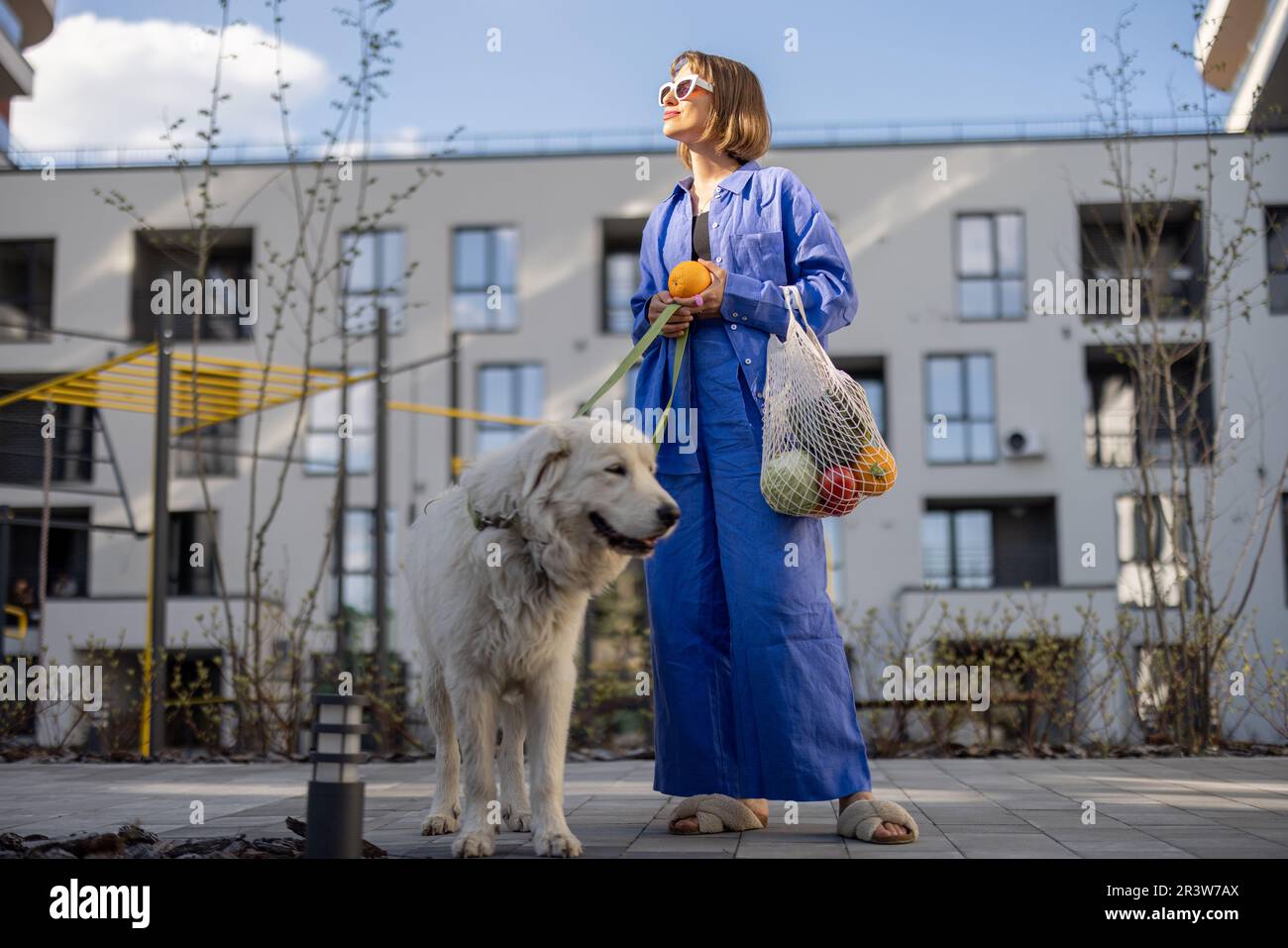 Woman carrying meshbag with fresh groceries while walking home with her ...