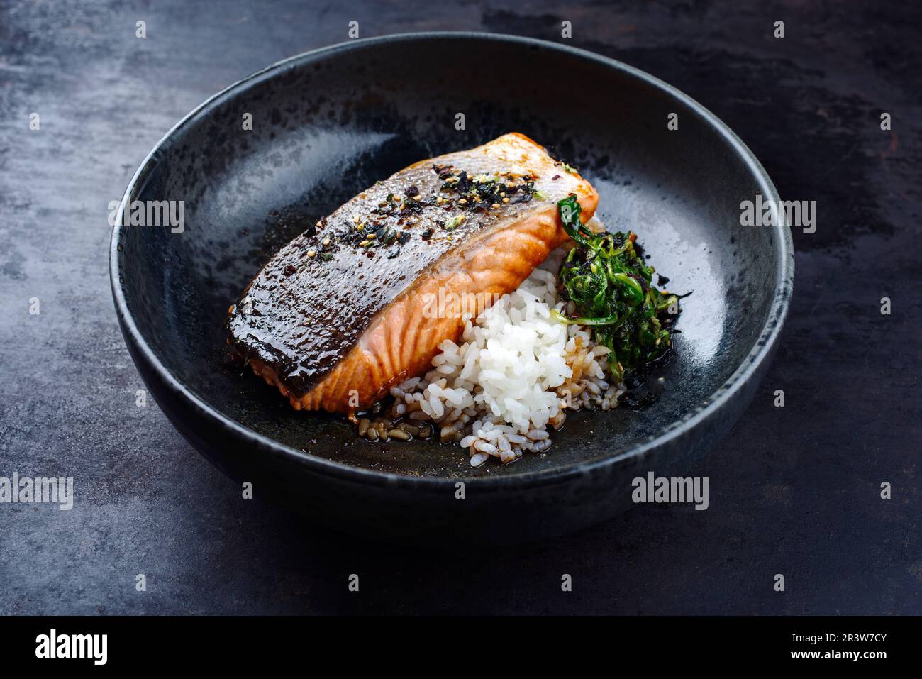 Traditional Japanese salmon fish teriyaki filet with koshihikari rice ...