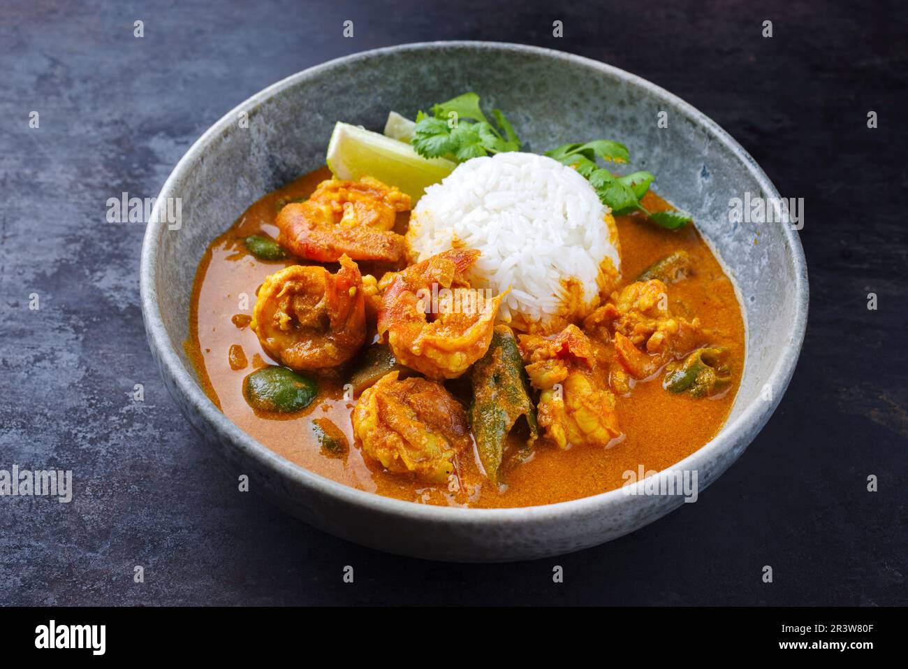 Traditional Thai kaeng phet red curry with chili and basmati rice ...
