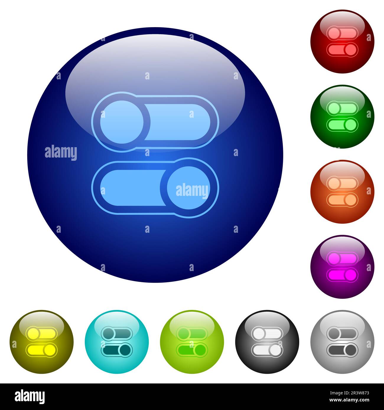 Horizontal Toggle Switches Alternate Icons On Round Glass Buttons In