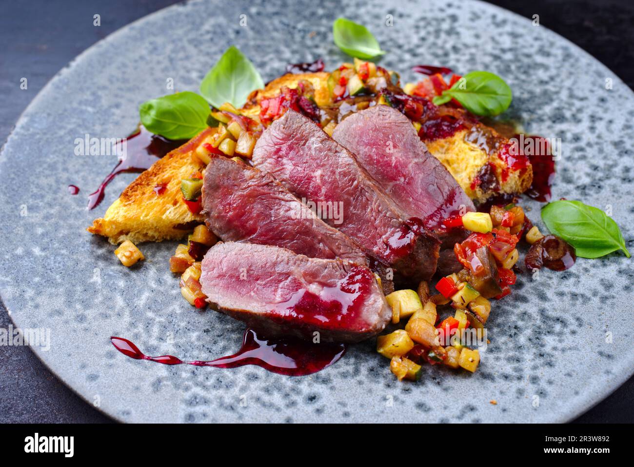 Traditional roasted Italian panettone tagliata di manzo with sliced ...