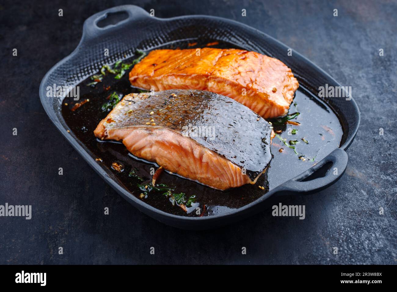 Traditional Japanese salmon fish teriyaki filet with soy souce and ...