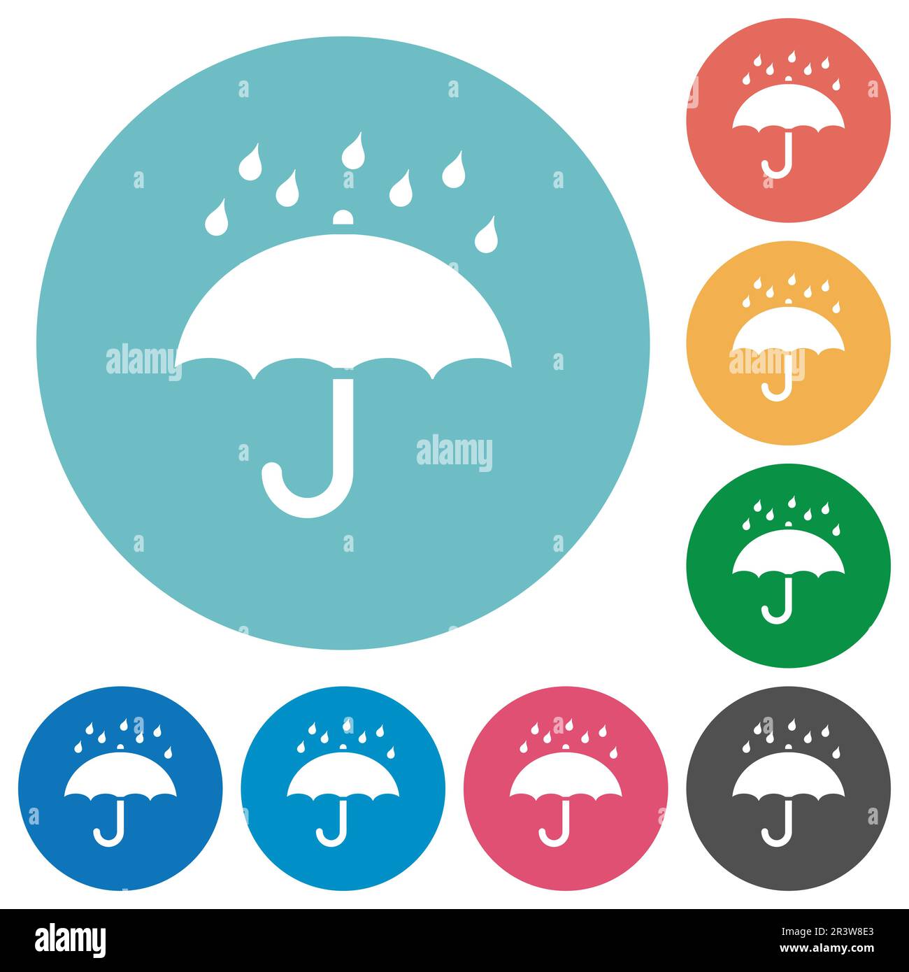 Umbrella with rain solid flat white icons on round color backgrounds ...