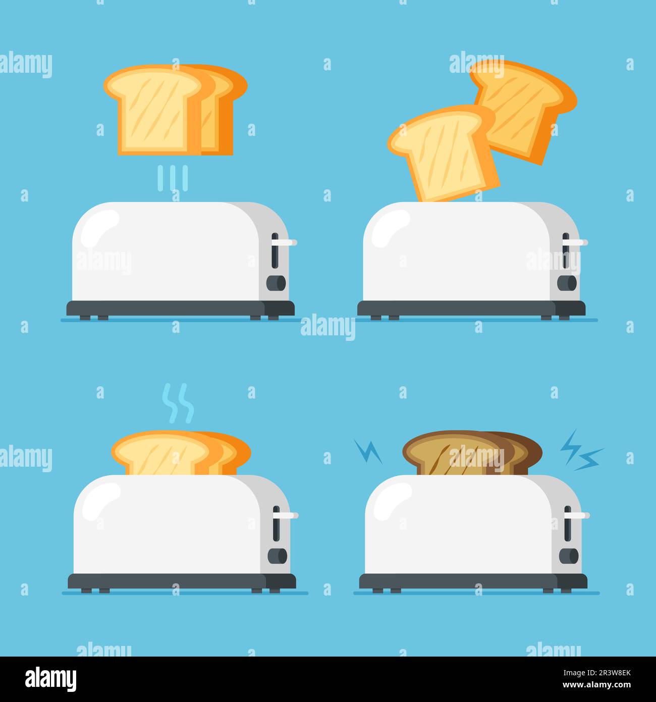 Set of toaster ovens. Toasts popping out of toaster, burnt black toast. Kitchenware icon. Bread ...