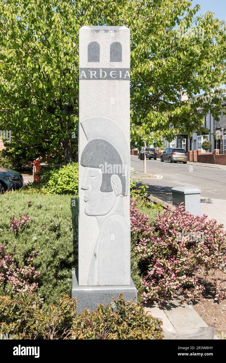 A sculpted signpost to the Arbeia Roman Fort in South Shields, north ...