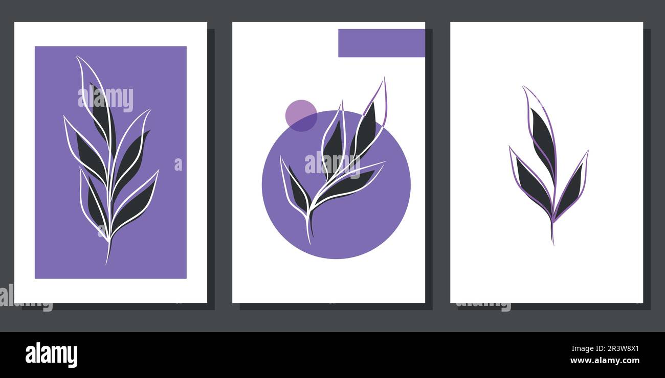 Set of creative minimalist illustrations with botanical elements and purple shapes. For interior ...