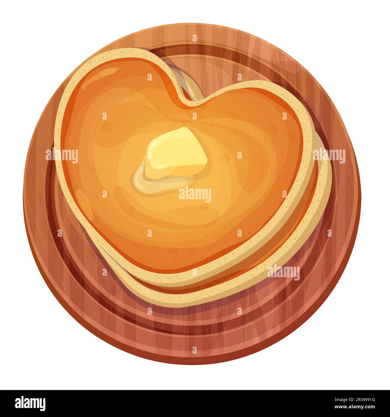 Pancakes Heart Shape Stack With Butter Top View In Wooden Board In Cartoon Style Isolated On