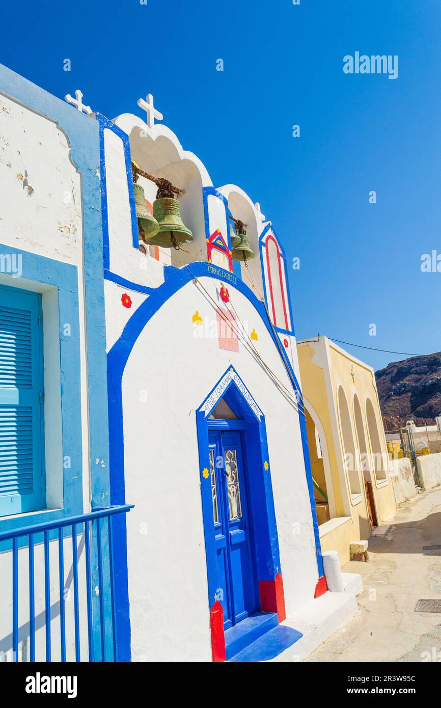 Traditional old cave houses from Thirasia island opposite Santorini ...
