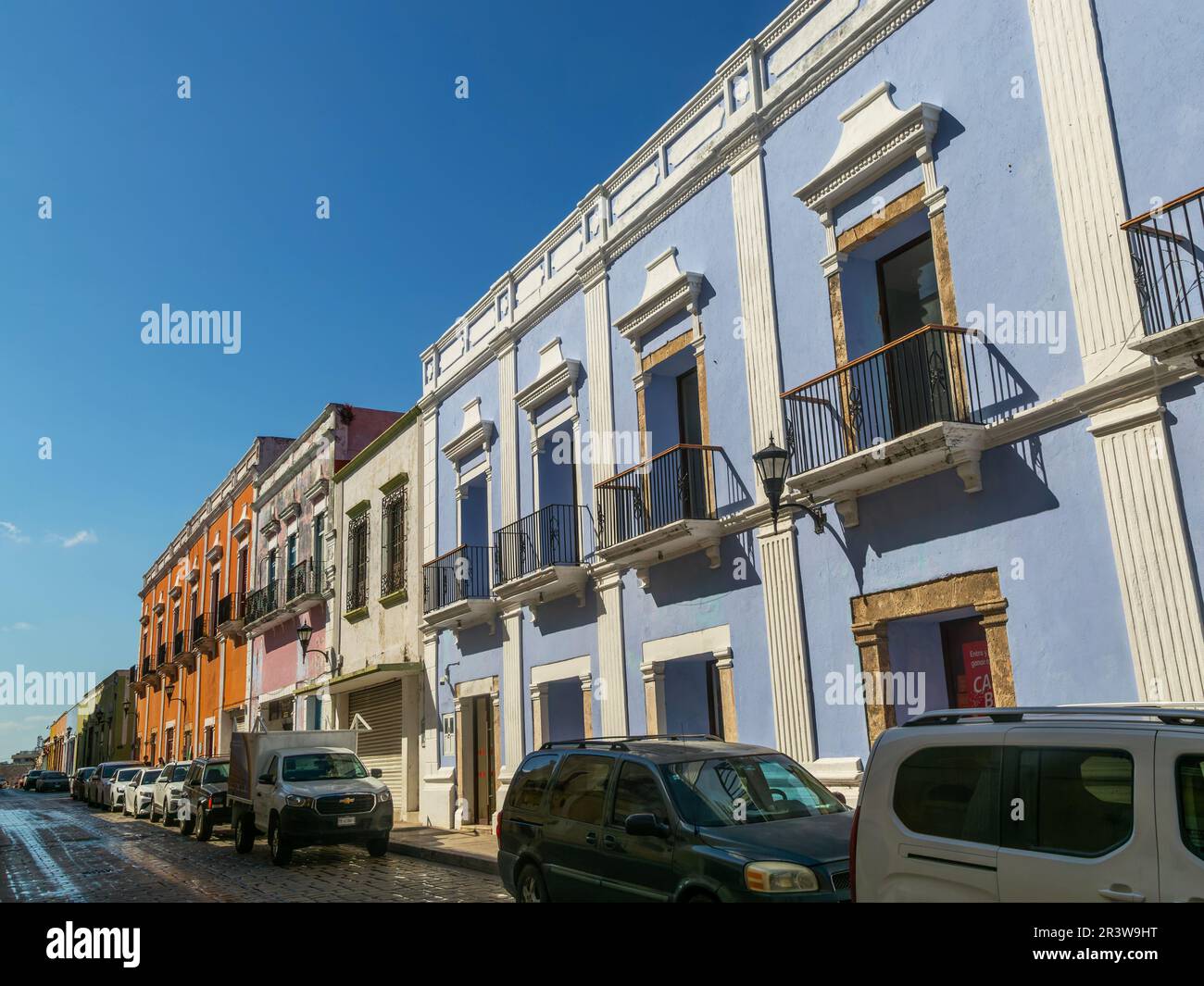 Row of colourful Spanish colonial buildings, Campeche city centre ...