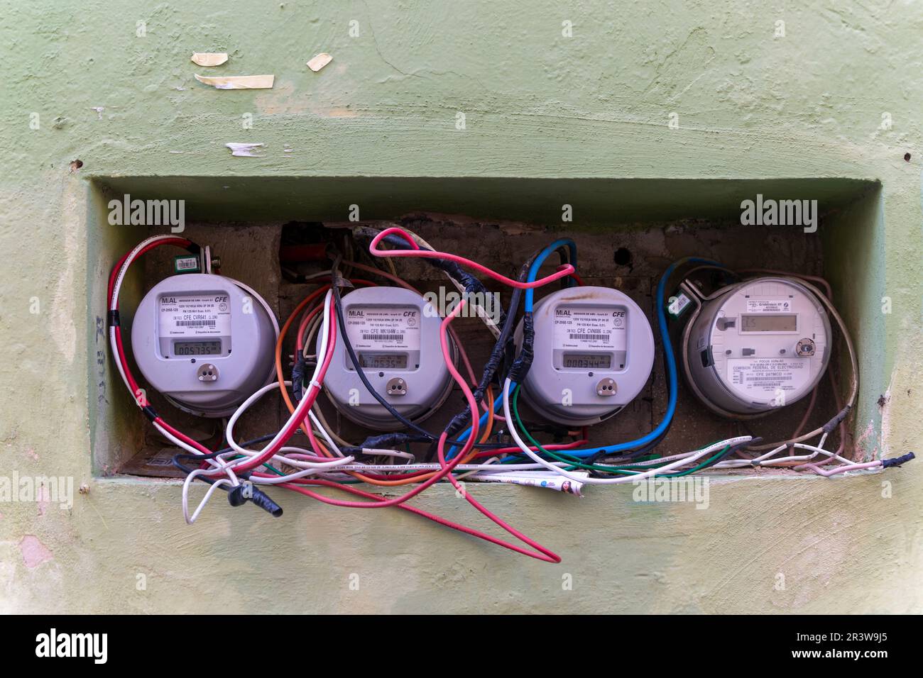 Detail of electricity meters set into a wall, Campeche city, Campeche ...