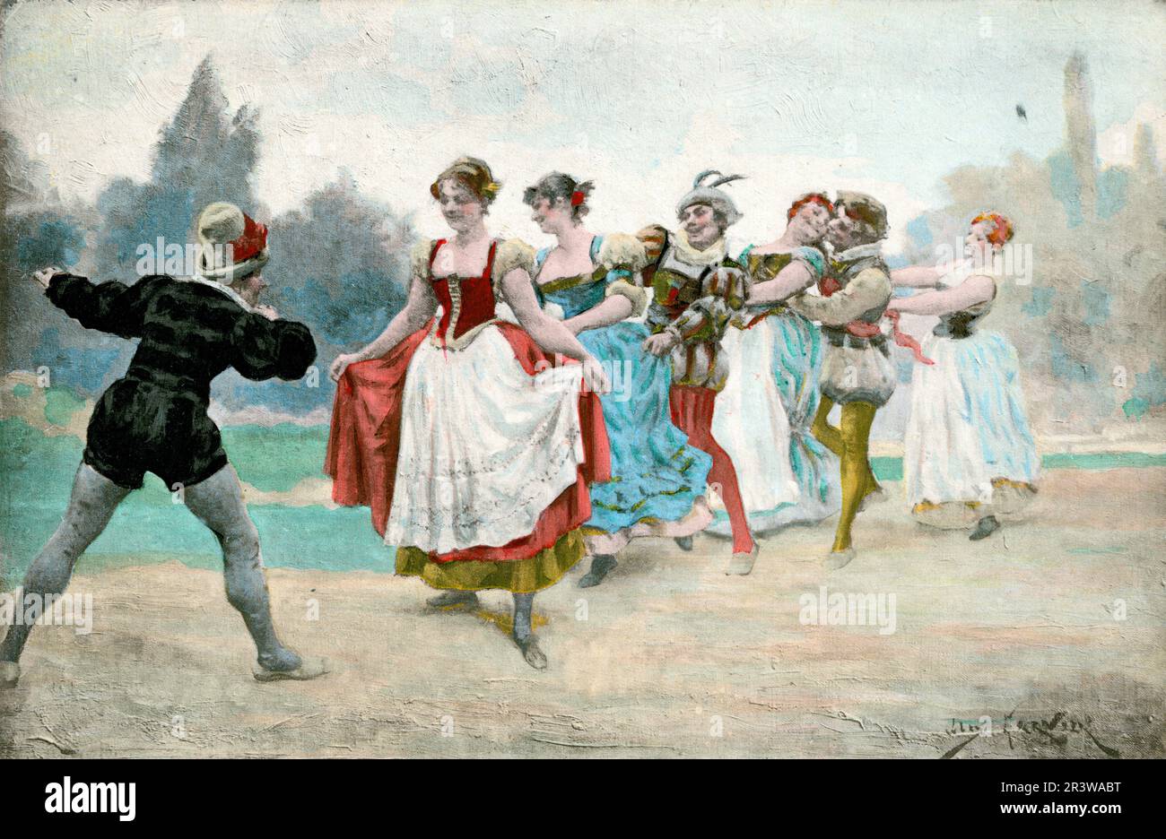 Vintage colour lithograph showing a scene from the works of Rabelais ...