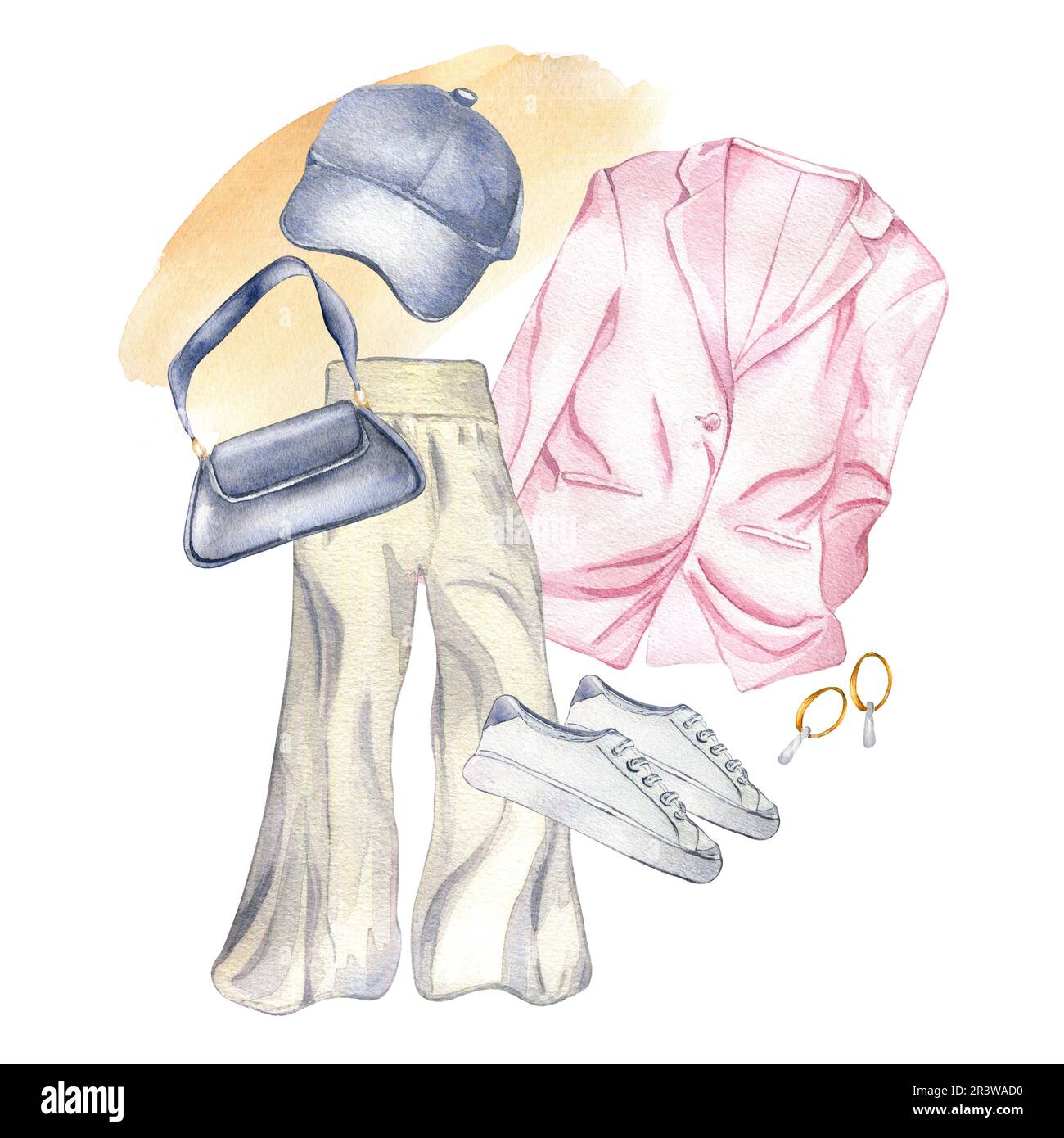 Composition of jacket, trousers, handbag, sneakers, bijou watercolor ...