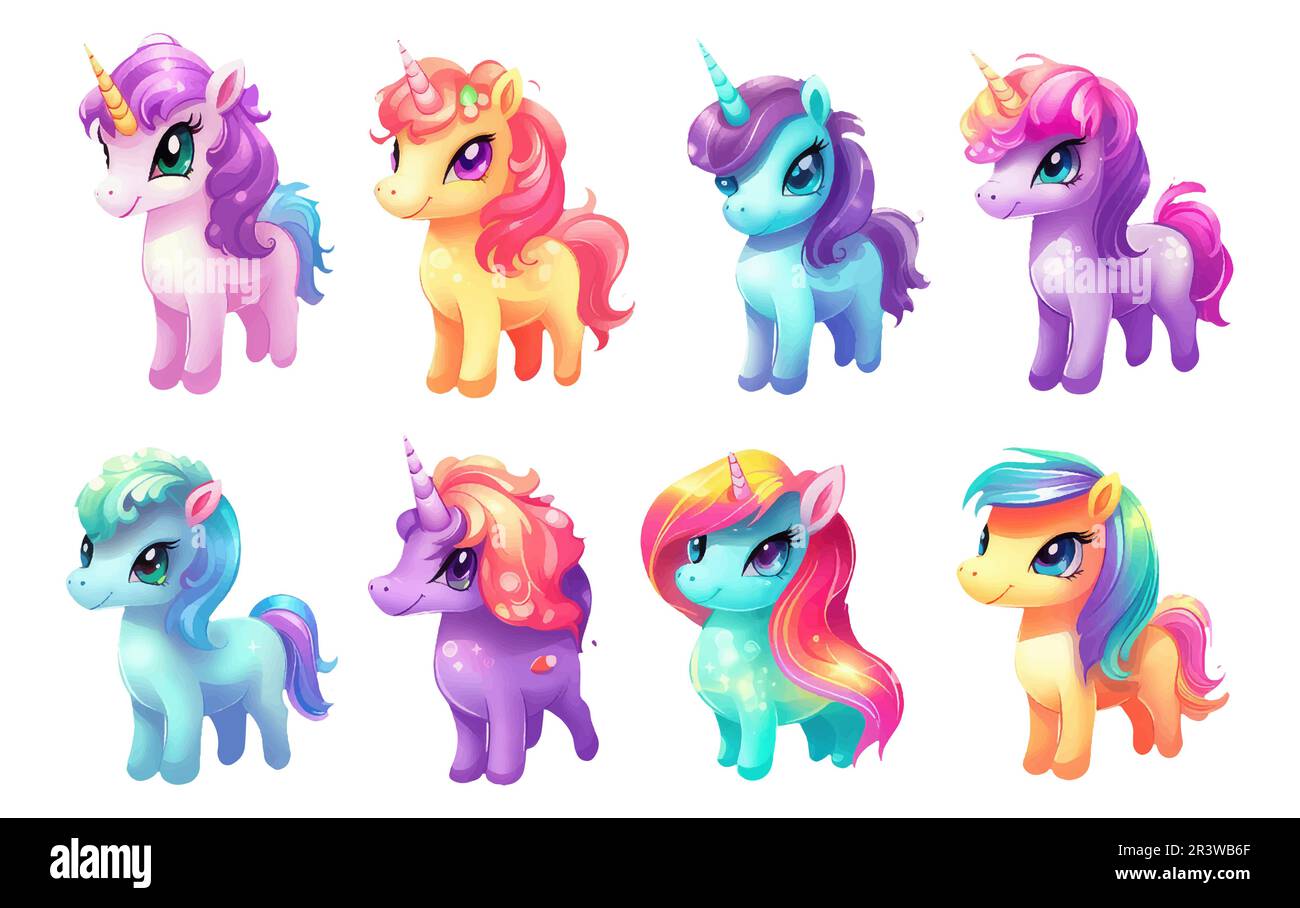 ui set vector illustration of cute different magic pony unicorn ...