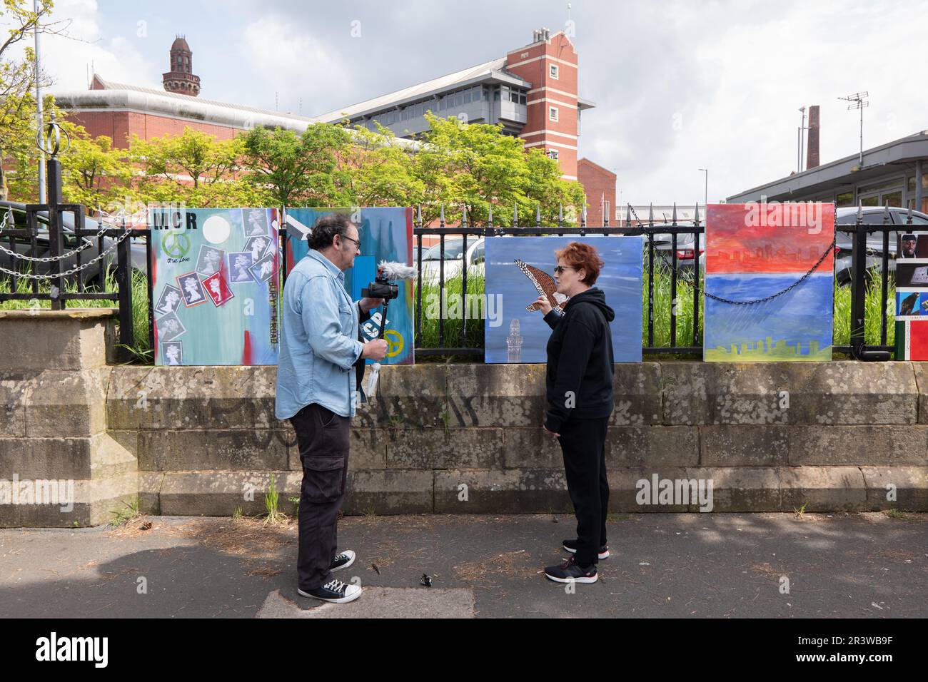 Manchester UK. 23 May 2023 Film maker Rafe Conn interviews Louise ...