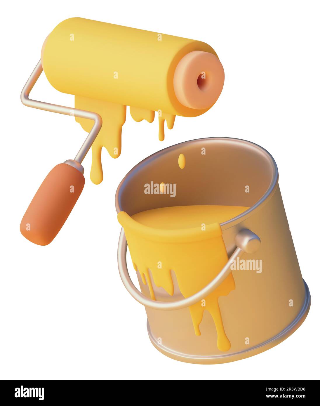 Vector icon. Paint can and paint roller. Wall painting with yellow ...