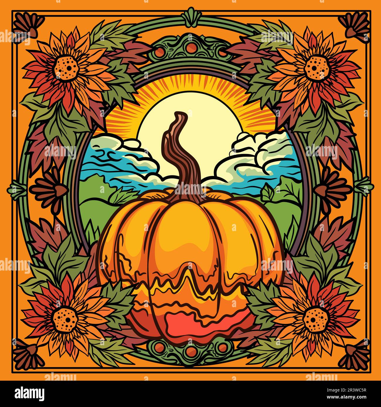 Pumpkin with landscape and sun on the sky coloring page vector ...