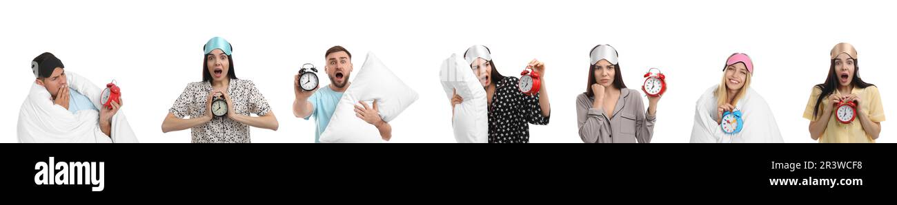 Collage with photos of people with alarm clocks on white background ...