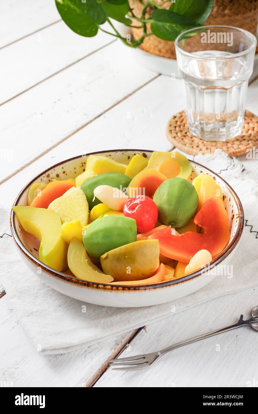 Assorted color fruit pickles, sweet and sour. Malaysian named Jeruk ...