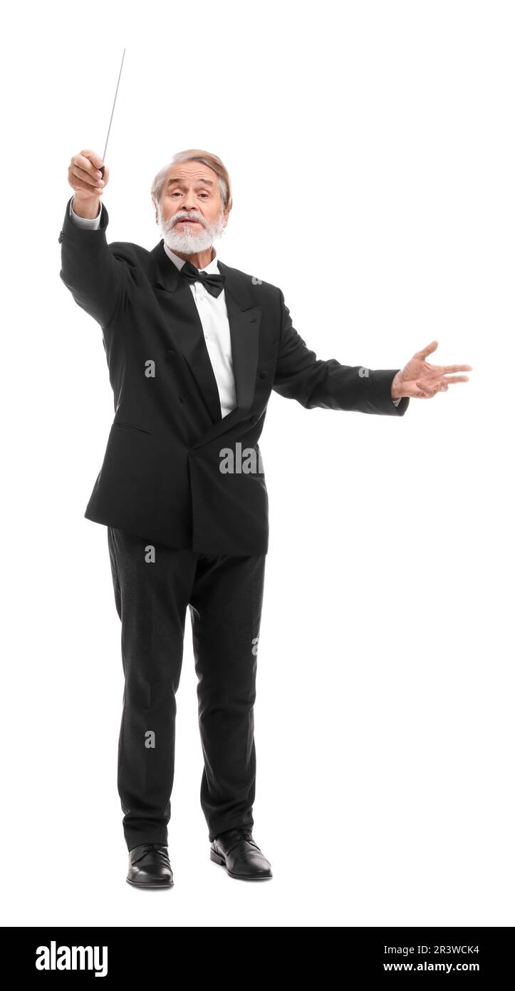 Professional conductor with baton on white background Stock Photo - Alamy