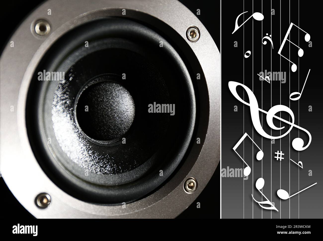 Audio speaker, music notes and other musical symbols on dark background ...